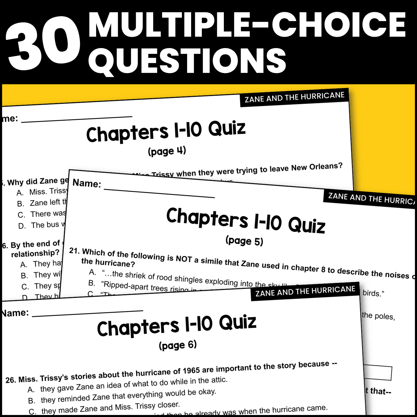 Zane and the Hurricane Novel Study Quiz for Chapters 1-10 | Made By ...