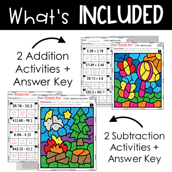 Adding and Subtracting Decimals Worksheets Color by Numbers for 5th ...