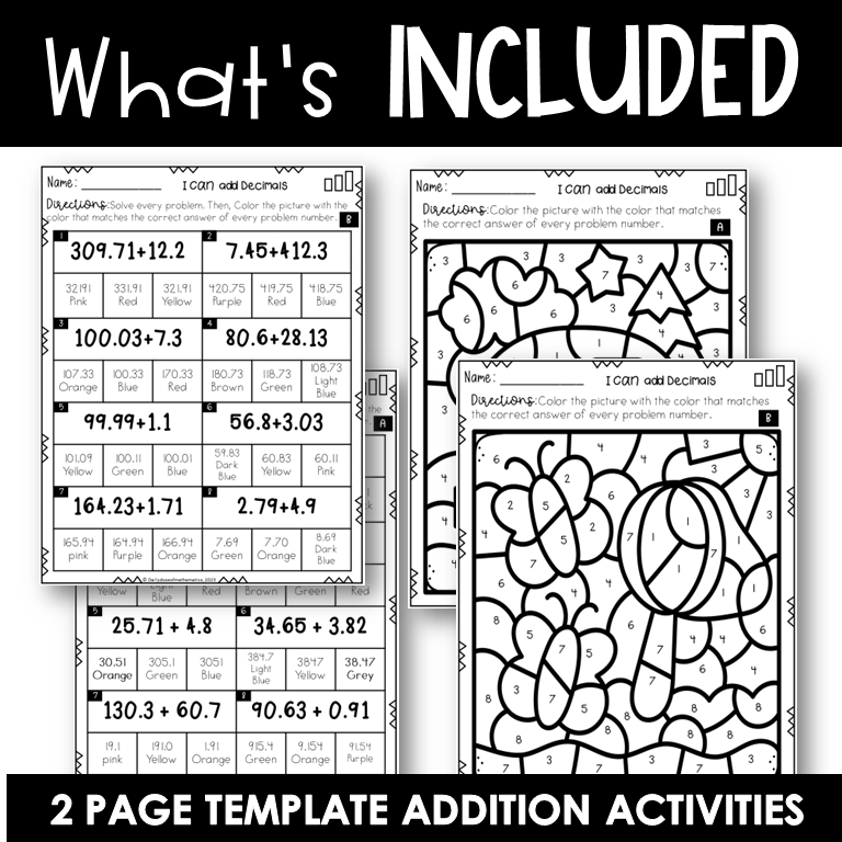 Adding and Subtracting Decimals Worksheets Color by Numbers for 5th ...