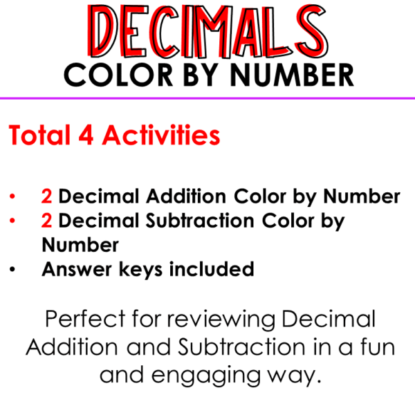 Adding and Subtracting Decimals Worksheets Color by Numbers for 5th ...