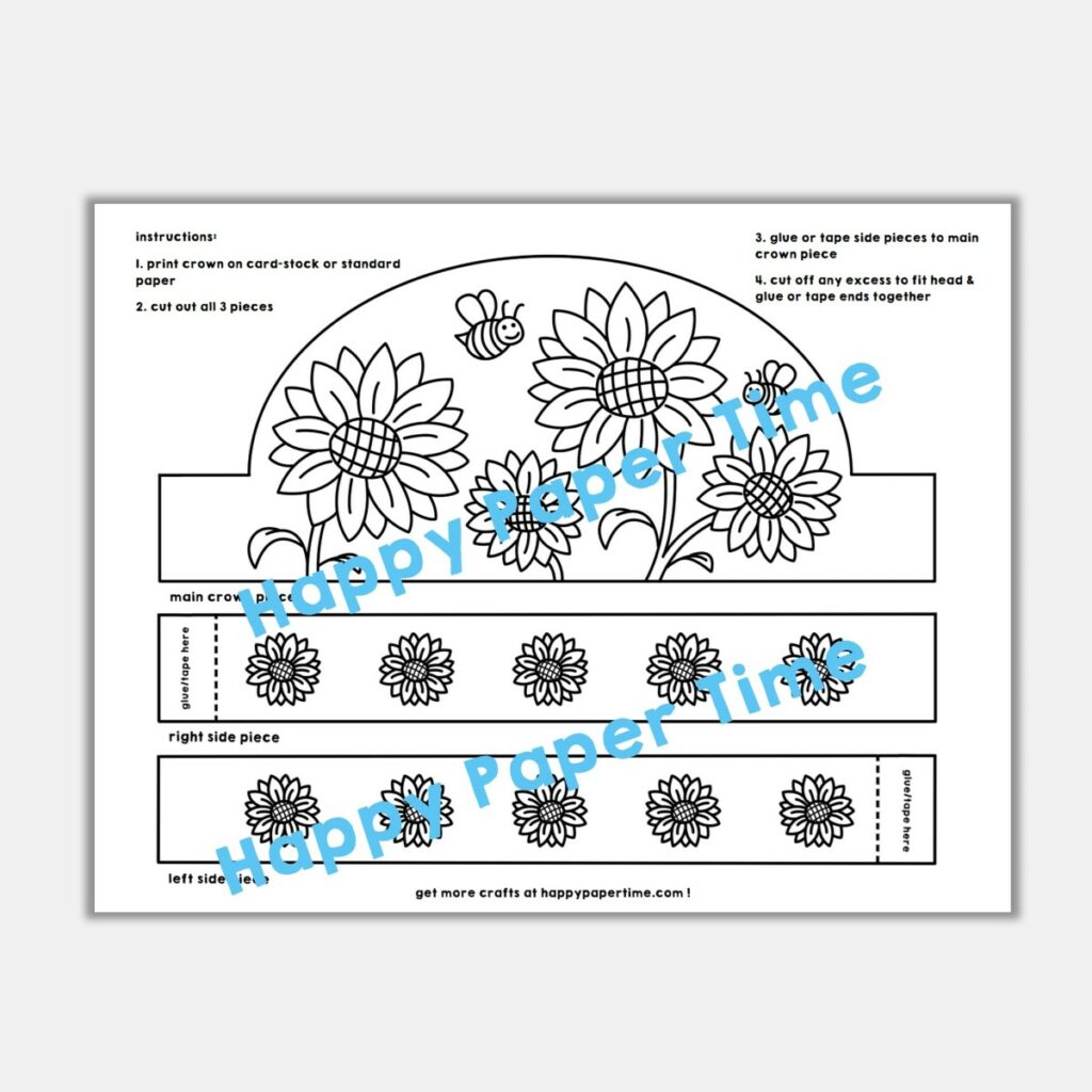 Sunflowers Paper Crown Headband Printable Coloring Summer Autumn Craft ...