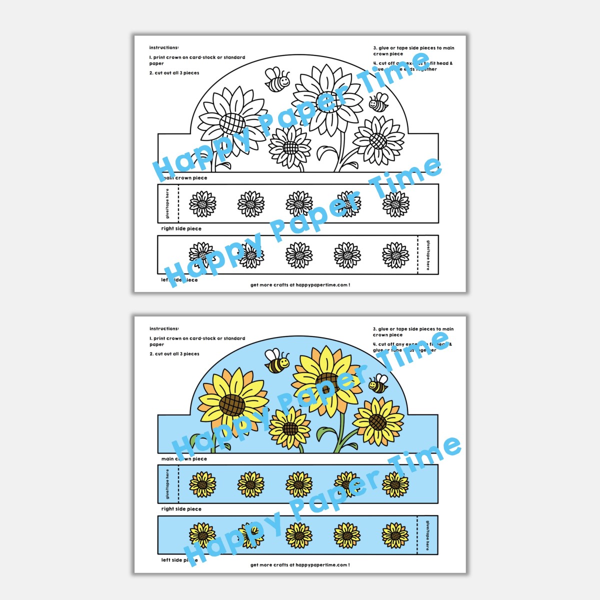 Sunflowers Paper Crown Headband Printable Coloring Summer Autumn Craft ...