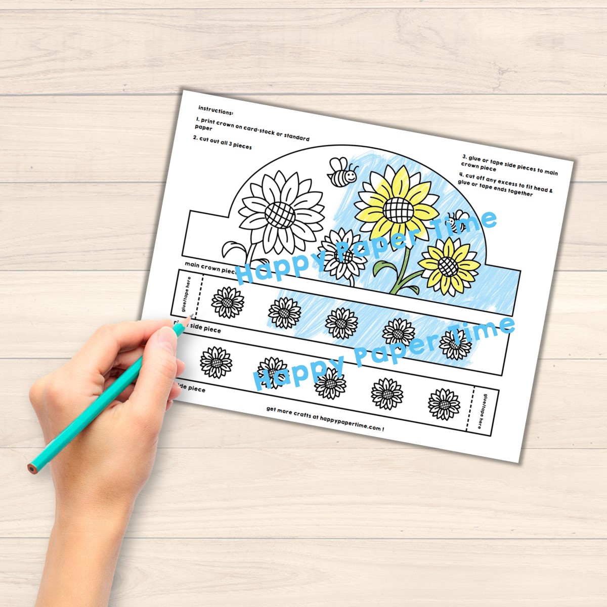 Sunflowers Paper Crown Headband Printable Coloring Summer Autumn Craft ...