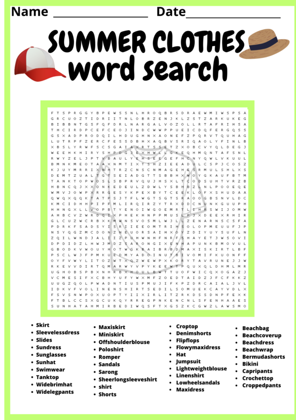SUMMER CLOTHES WORD SEARCH PUZZLE ACTIVITIES | Made By Teachers