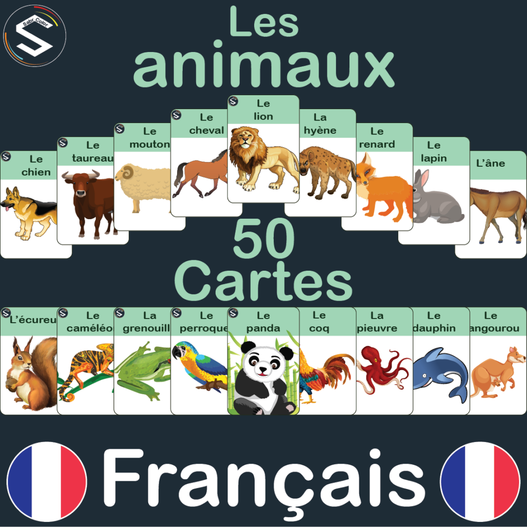 FRENCH Animals Vocabulary Flash Cards, (LES ANIMAUX) With 50 names and ...