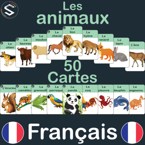 FRENCH Animals Vocabulary Flash Cards, (LES ANIMAUX) With 50 names and ...