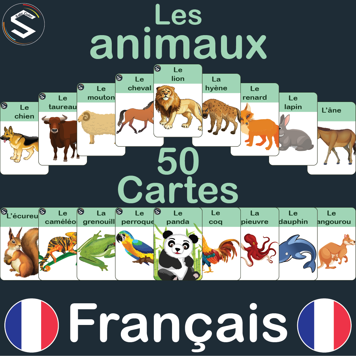 FRENCH Animals Vocabulary Flash Cards, (LES ANIMAUX) With 50 names and ...