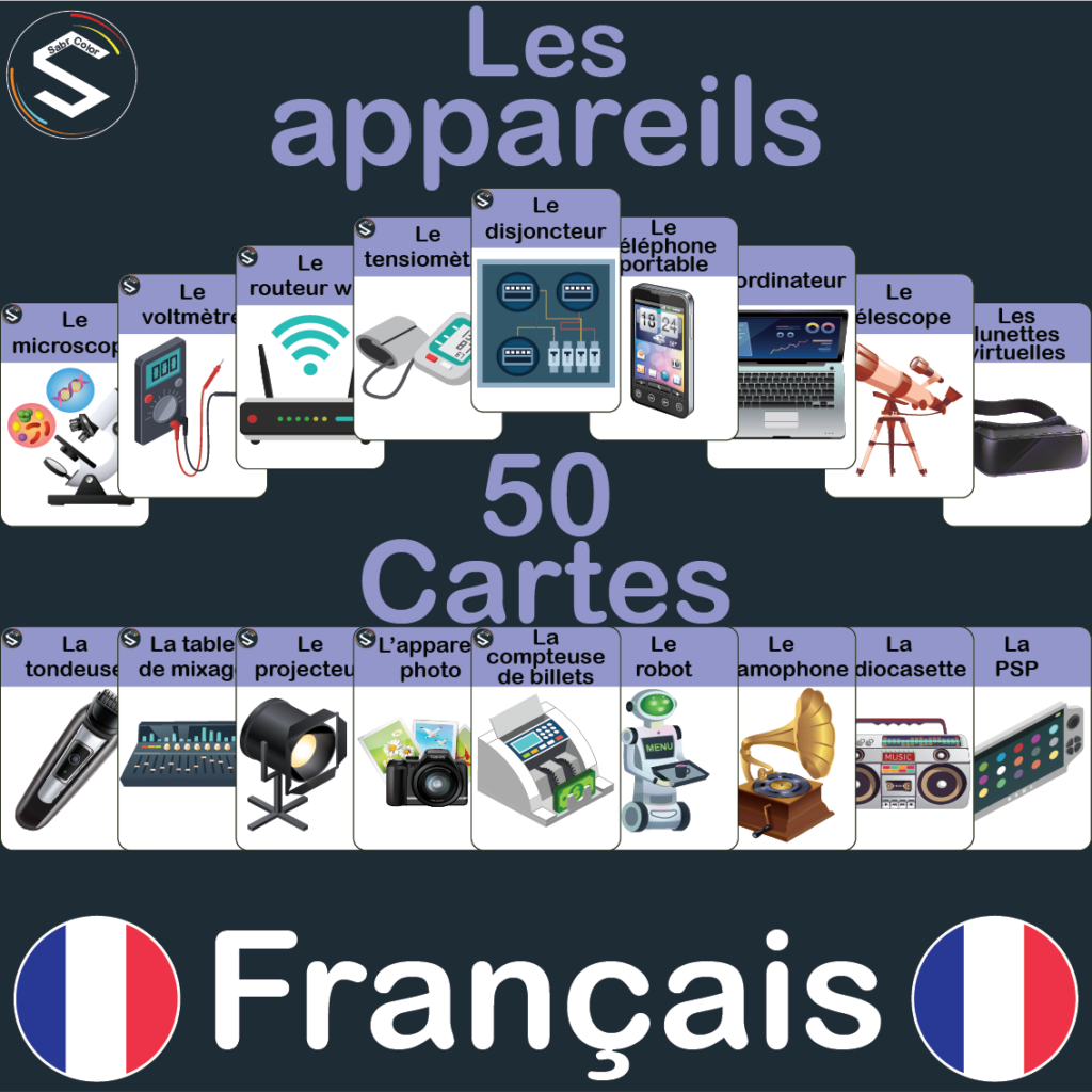 FRENCH Devices lexicon, vocabulary flashcards, (LES APPAREILS) With 50 ...