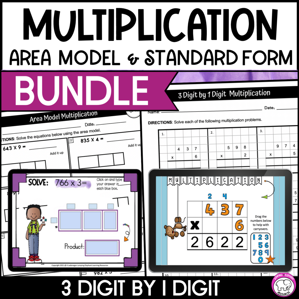 3 Digit by 1 Digit Area Model Multiplication and Standard Algorithm ...