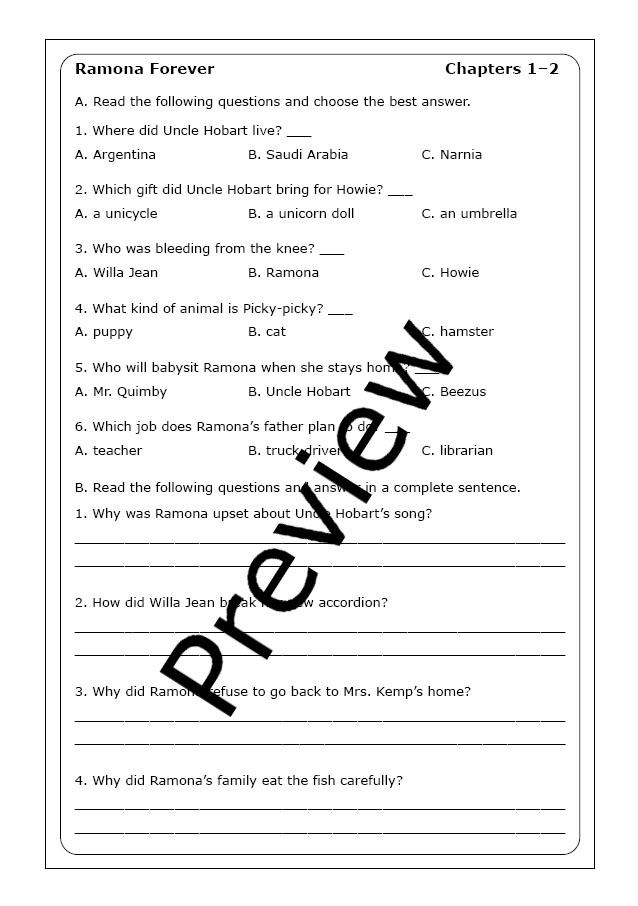Beverly Cleary "Ramona Forever" worksheets | Made By Teachers