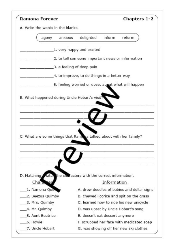 Beverly Cleary "Ramona Forever" worksheets | Made By Teachers