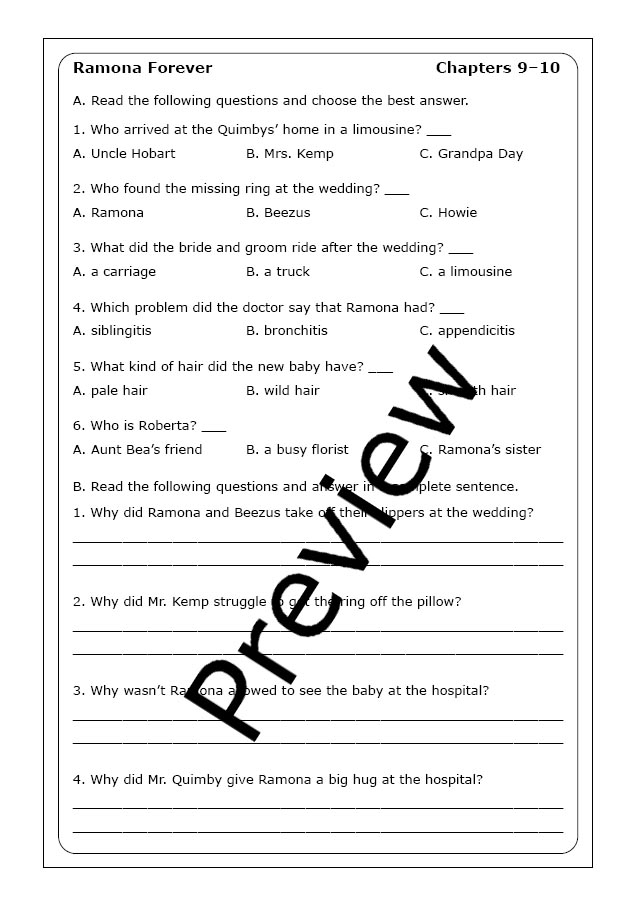 Beverly Cleary "Ramona Forever" worksheets | Made By Teachers