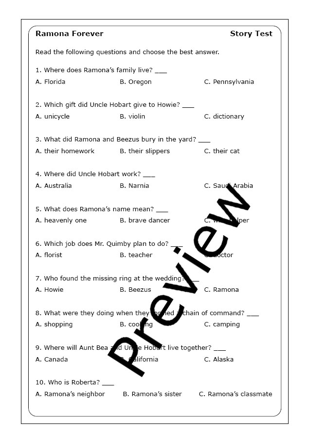 Beverly Cleary "Ramona Forever" worksheets | Made By Teachers