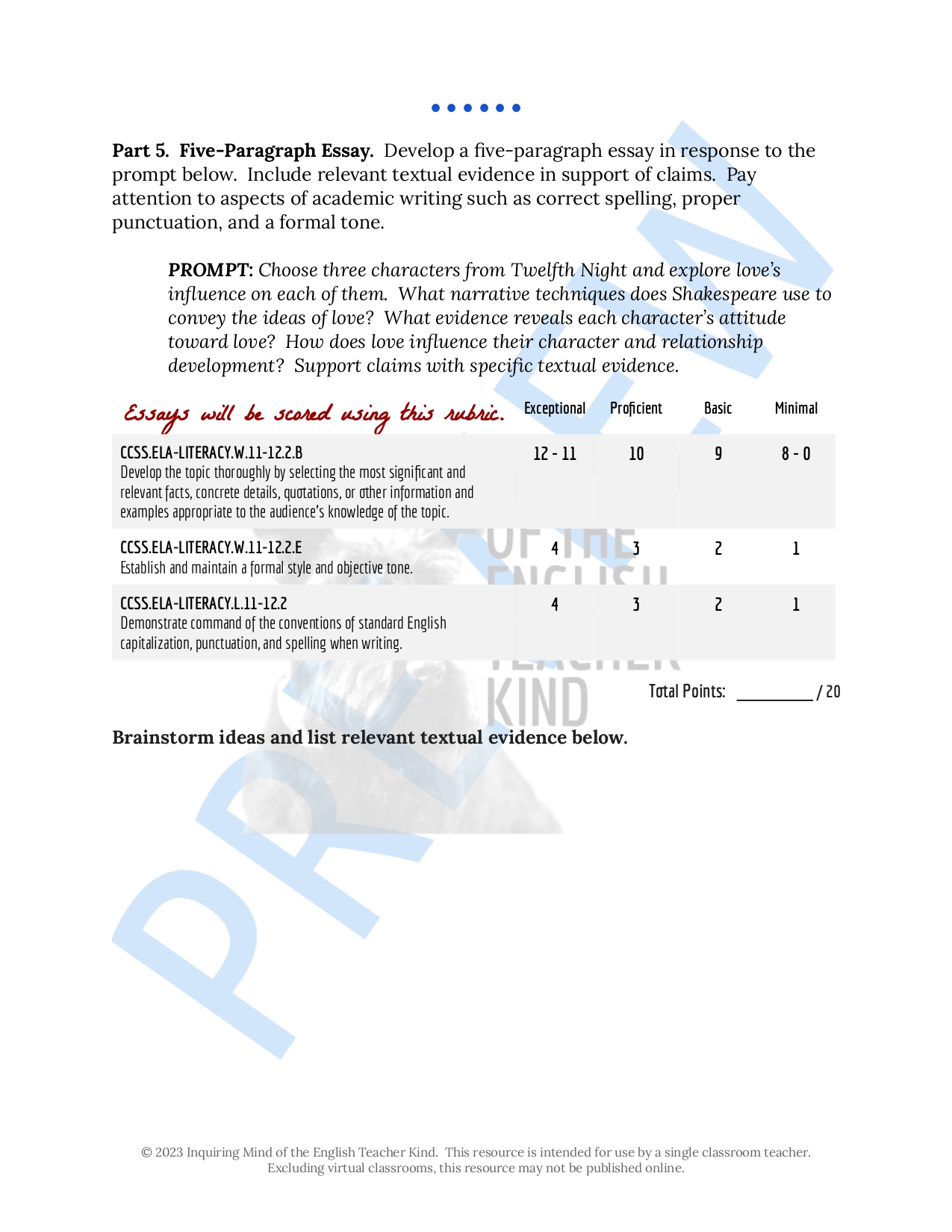 Twelfth Night Test and Answer Key with Study Guide | Made By Teachers