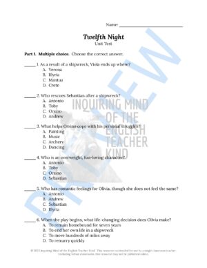 Twelfth Night Test and Answer Key with Study Guide - Made By Teachers