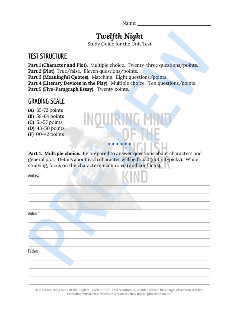 Twelfth Night Quiz, Close Reading, Test, and Answer Key Bundle | Made ...