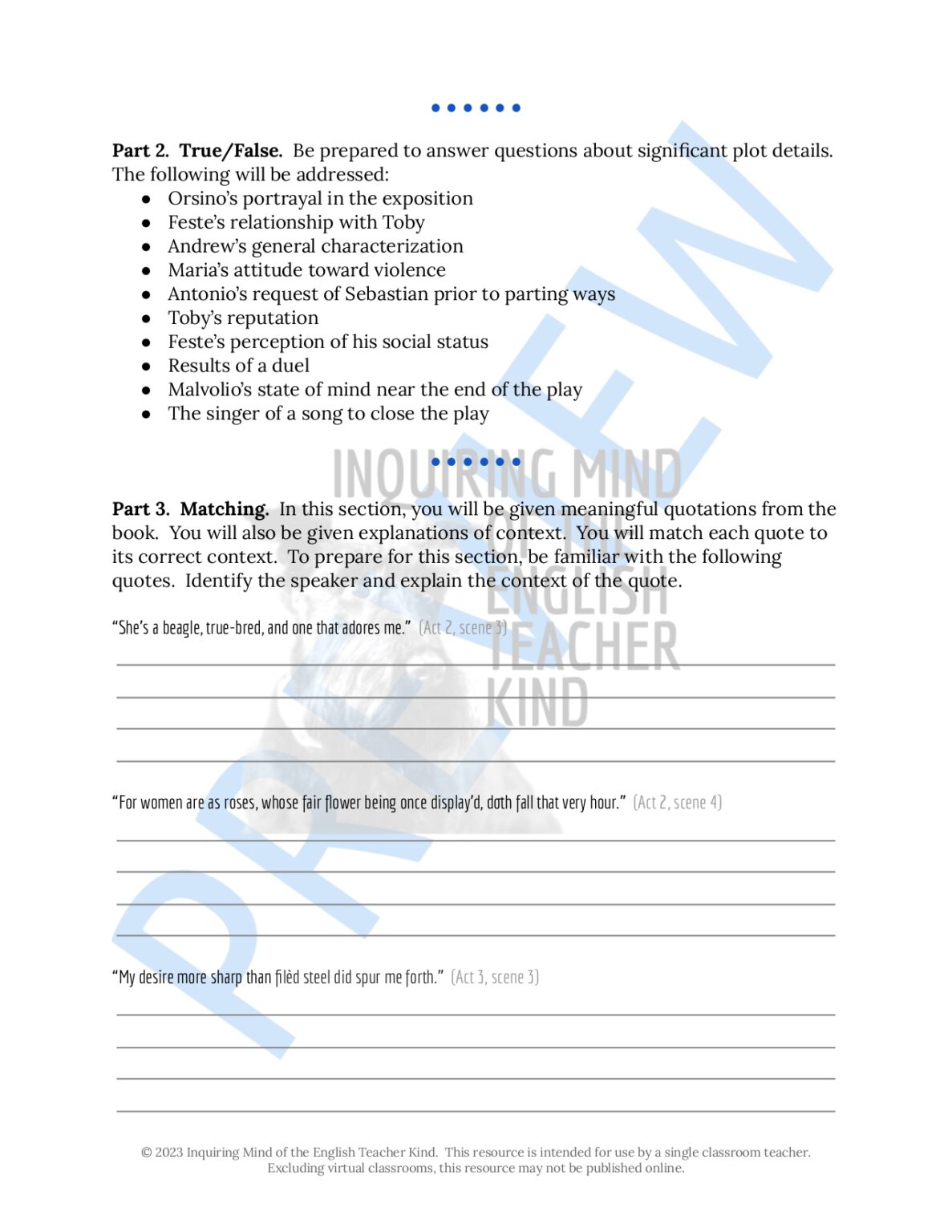 Twelfth Night Quiz, Close Reading, Test, and Answer Key Bundle | Made ...