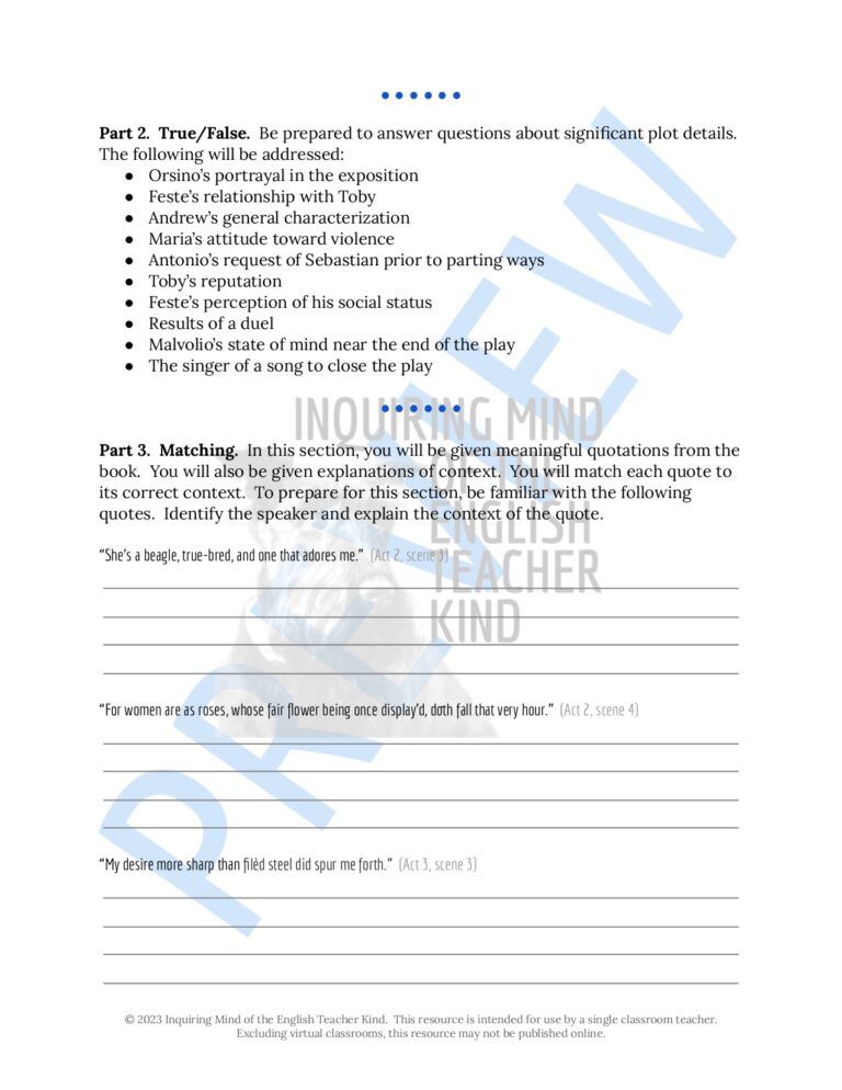 Twelfth Night Quiz, Close Reading, Test, and Answer Key Bundle | Made ...