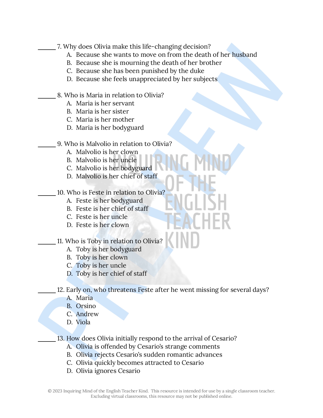 Twelfth Night Quiz, Close Reading Worksheets, Vocabulary Games, and ...