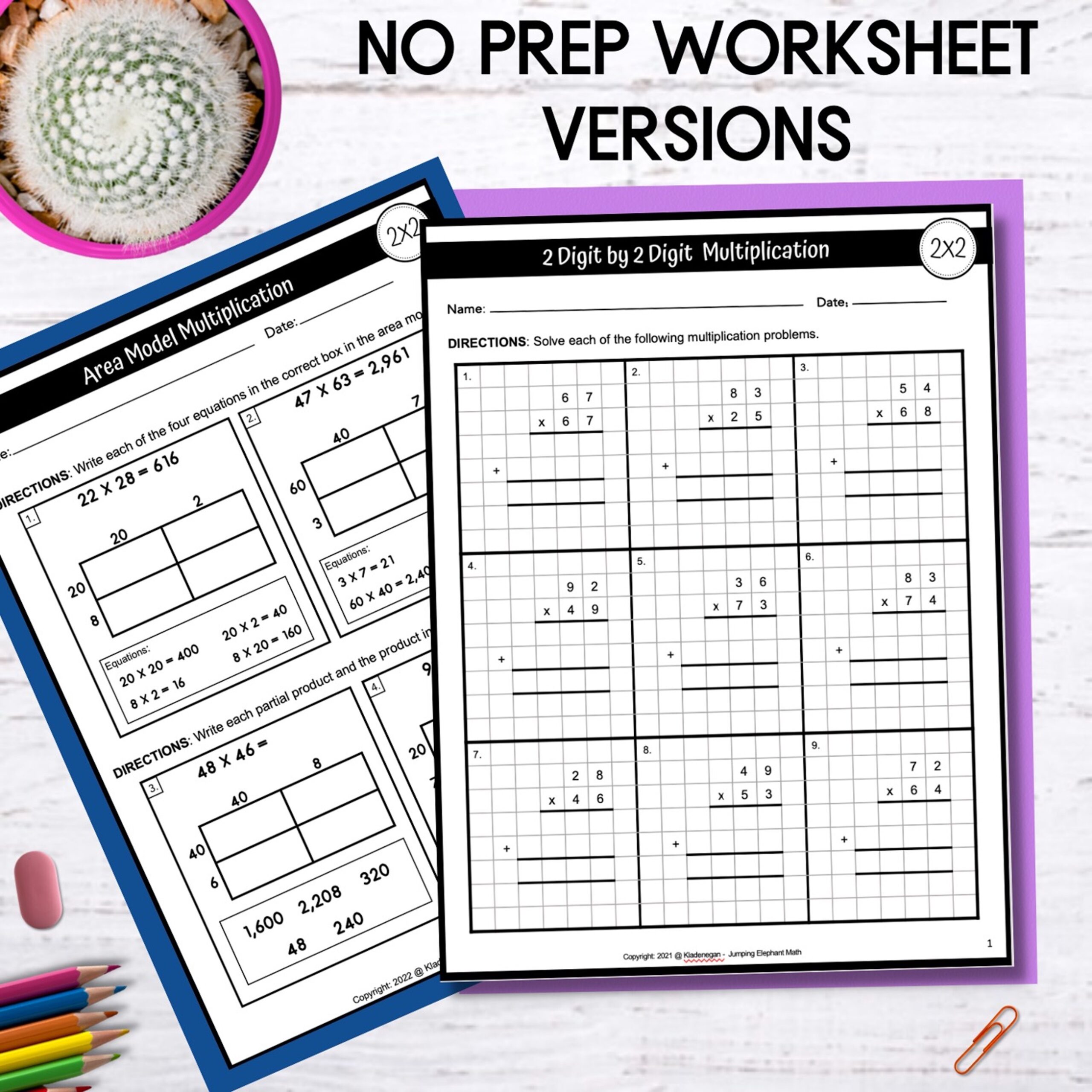 2 Digit by 2 Digit Area Model Multiplication and Standard Algorithm ...