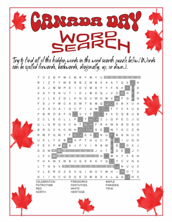 CANADA DAY WORD SEARCH Puzzle | Canadian Independance Day Word Search ...