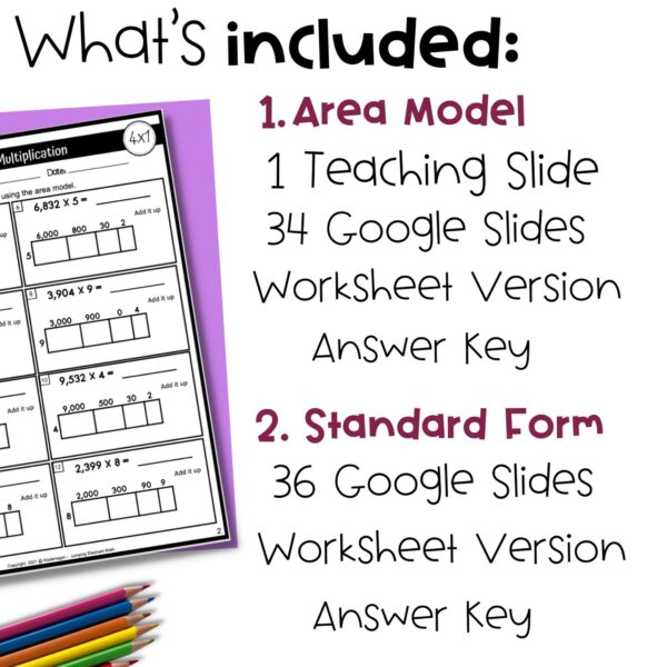 4 Digit by 1 Digit Area Model Multiplication and Standard Algorithm ...
