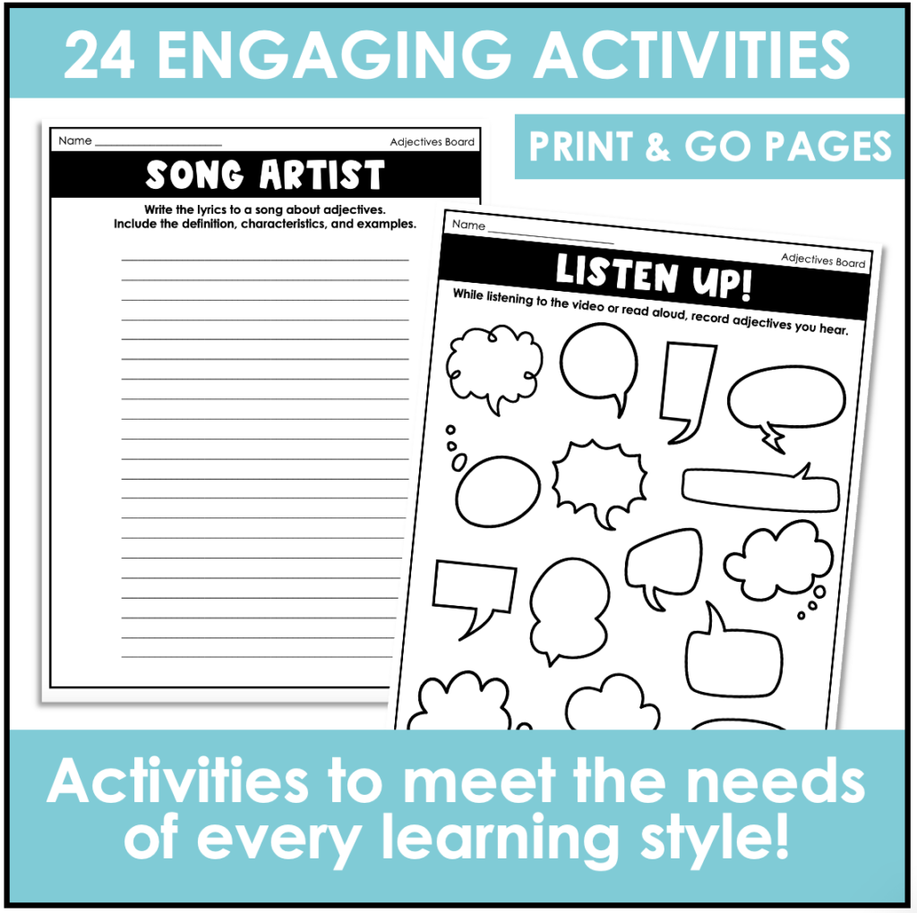 Adjectives Activities Choice Board and Grammar Worksheets for Literacy ...