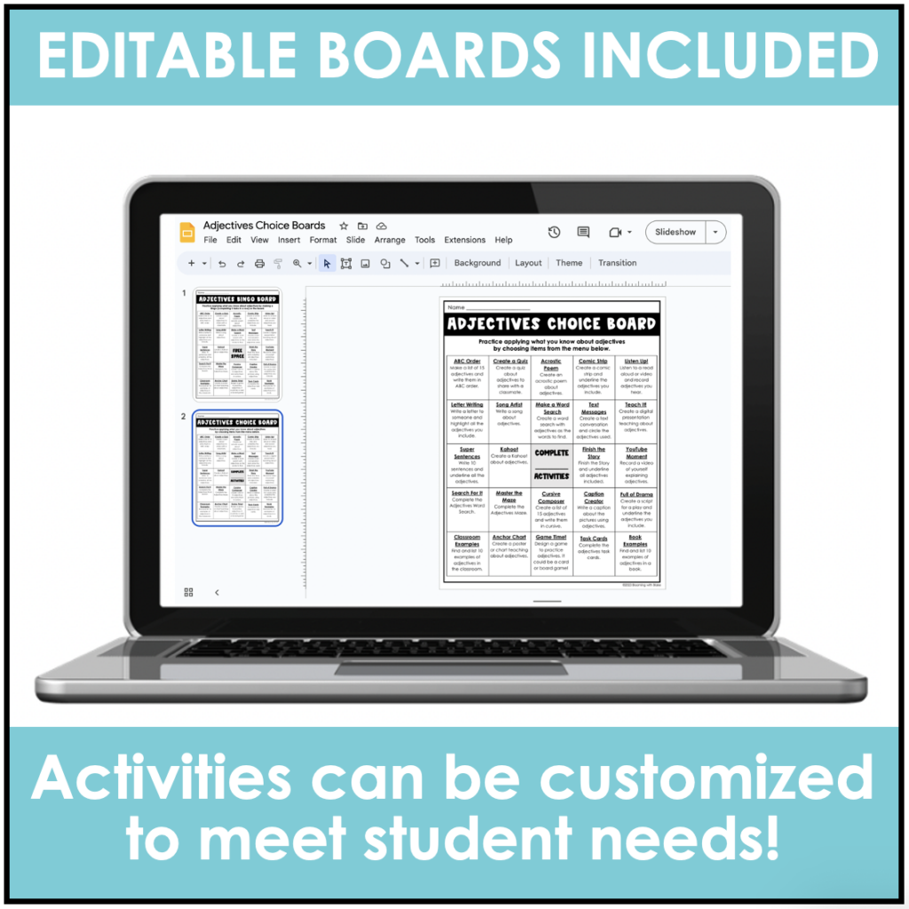 Adjectives Activities Choice Board and Grammar Worksheets for Literacy ...