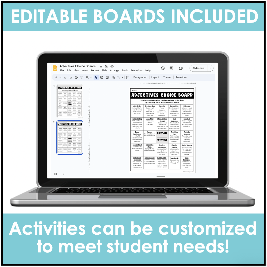 Adjectives Activities Choice Board and Grammar Worksheets for Literacy ...