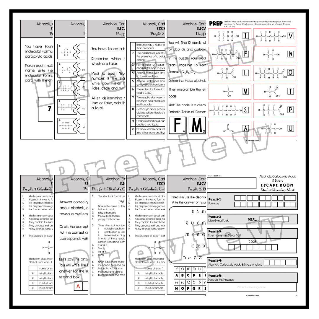 CHEMISTRY Alcohols, Carboxylic Acids & Esters Escape Room Activity [PDF ...