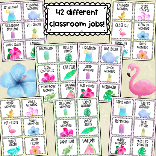 Classroom Jobs Helpers Chart Labels Signs Watercolor Tropical Theme ...
