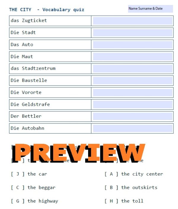 GERMAN VOCABULARY QUIZ - THE CITY | Made By Teachers