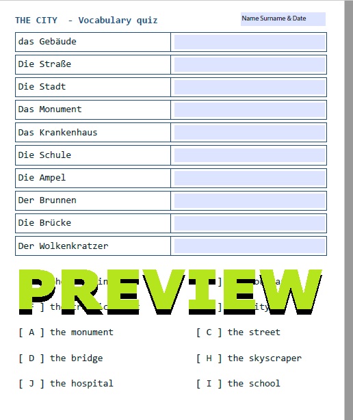 GERMAN VOCABULARY QUIZ - THE CITY | Made By Teachers