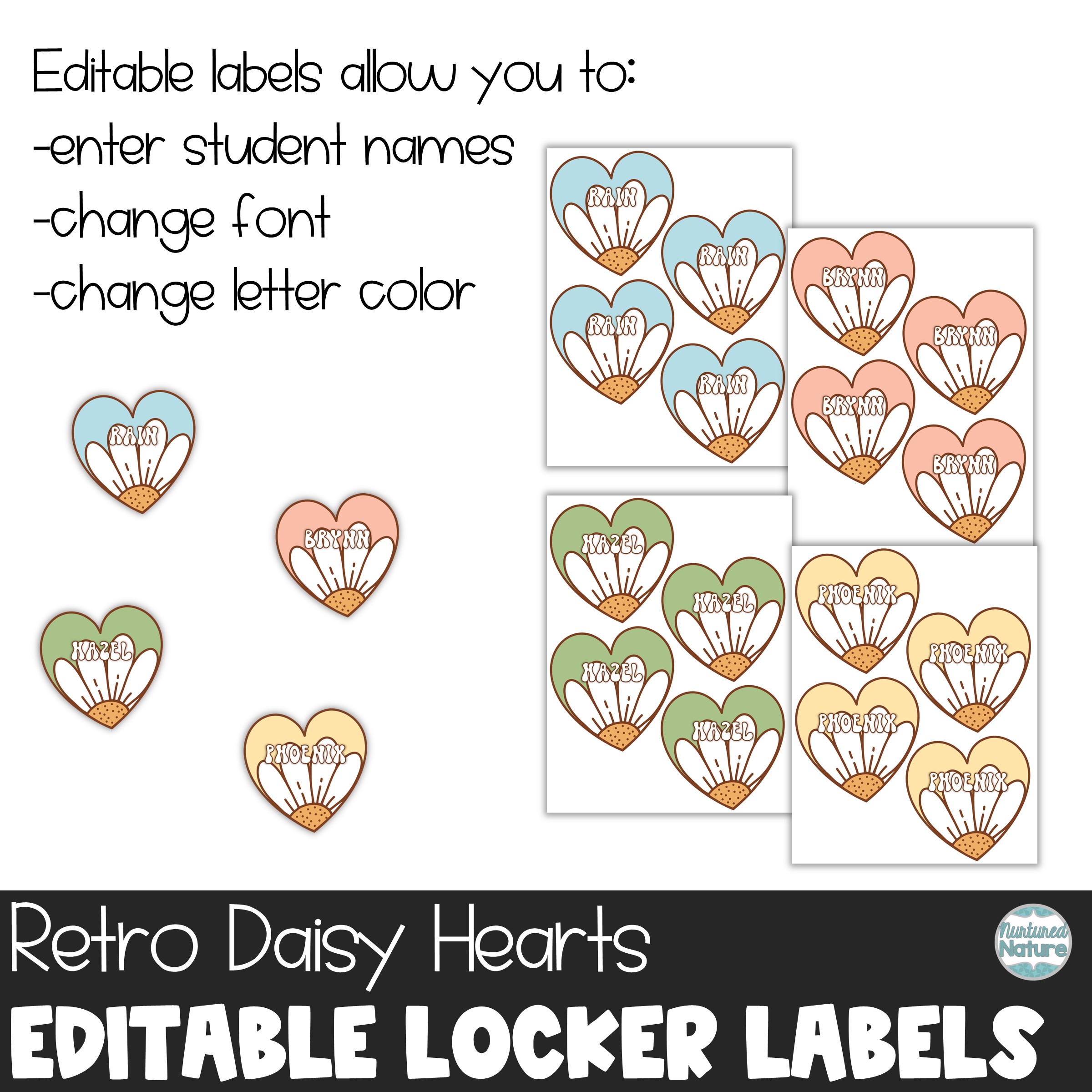 Groovy Daisy Heart Name Tags - Editable Locker Labels or Cubby Tags ...