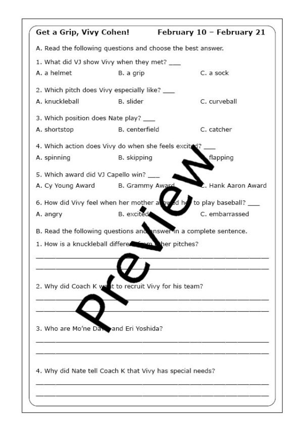 Sarah Kapit "Get a Grip, Vivy Cohen!" worksheets | Made By Teachers