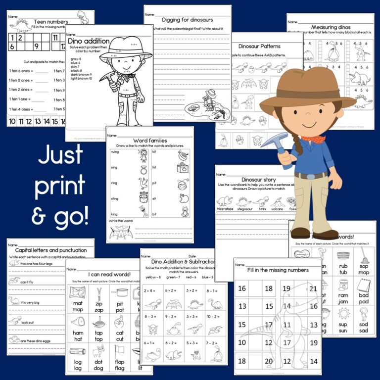 Kindergarten Summer Review Packet End of the Year Dinosaur Math and ...