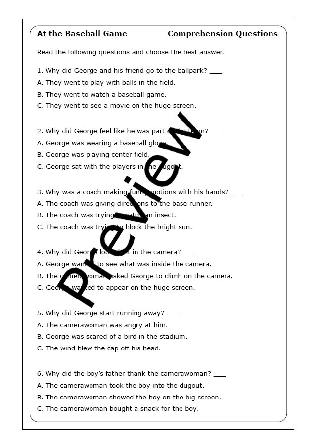 "Curious George at the Baseball Game" worksheets | Made By Teachers