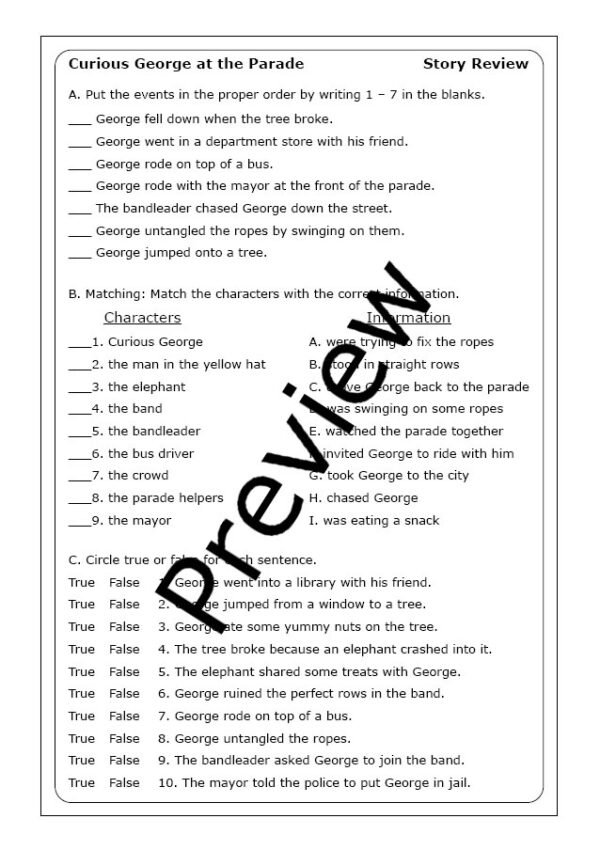 "Curious George at the Parade" worksheets | Made By Teachers