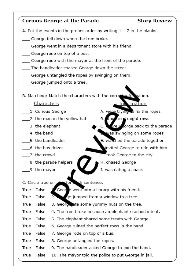"Curious George at the Parade" worksheets | Made By Teachers
