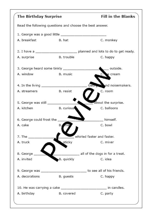 "Curious George and the Birthday Surprise" worksheets | Made By Teachers