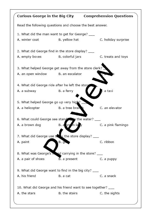 "Curious George in the Big City" worksheets | Made By Teachers