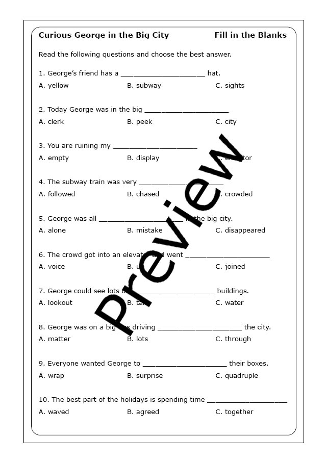 "Curious George in the Big City" worksheets | Made By Teachers
