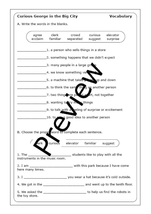 "Curious George in the Big City" worksheets | Made By Teachers