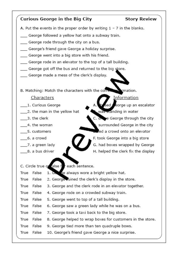 "Curious George in the Big City" worksheets | Made By Teachers