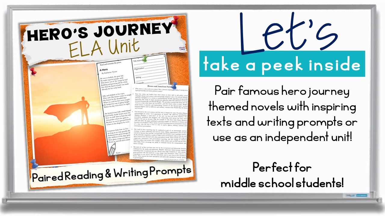 Hero's Journey Unit - Middle School Paired Reading, Prompts - Print and ...
