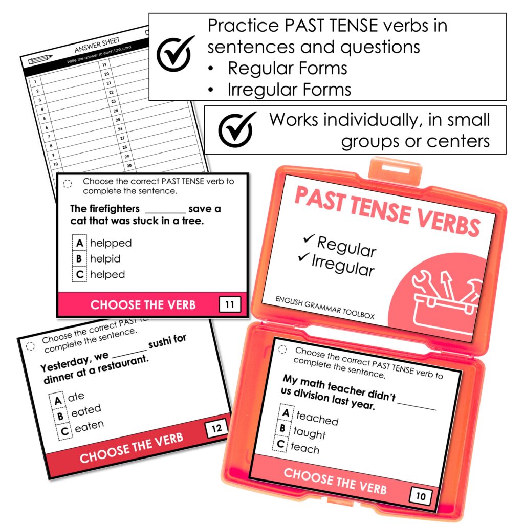 Regular and Irregular Past Tense Verb Task Cards | Sentences and ...