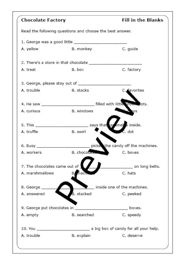"Curious George Goes to a Chocolate Factory" worksheets | Made By Teachers