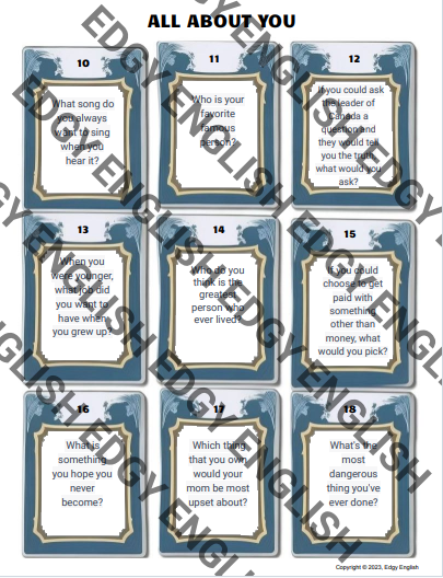 "All About You" ESL Conversation Questions Cards | Made By Teachers