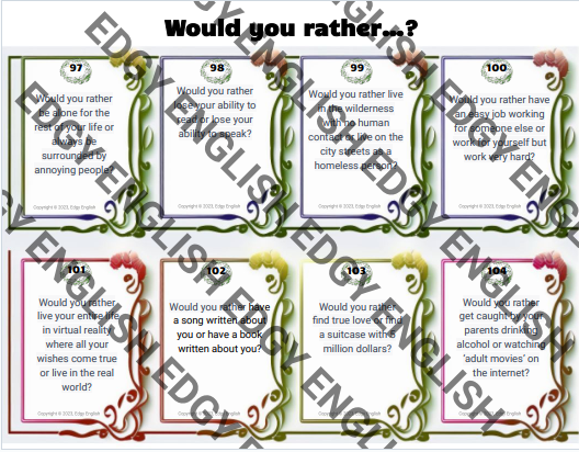 "Would you rather..?" ESL Conversation Questions Cards | Made By Teachers
