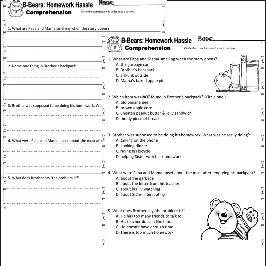 Bears Homework Hassle Comprehension Quiz Questions Test Berenstain ...